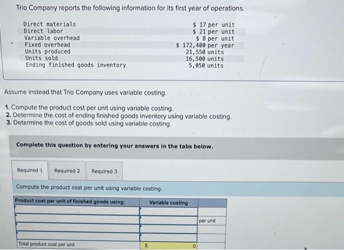 Solved Trio Company reports the following information for | Chegg.com