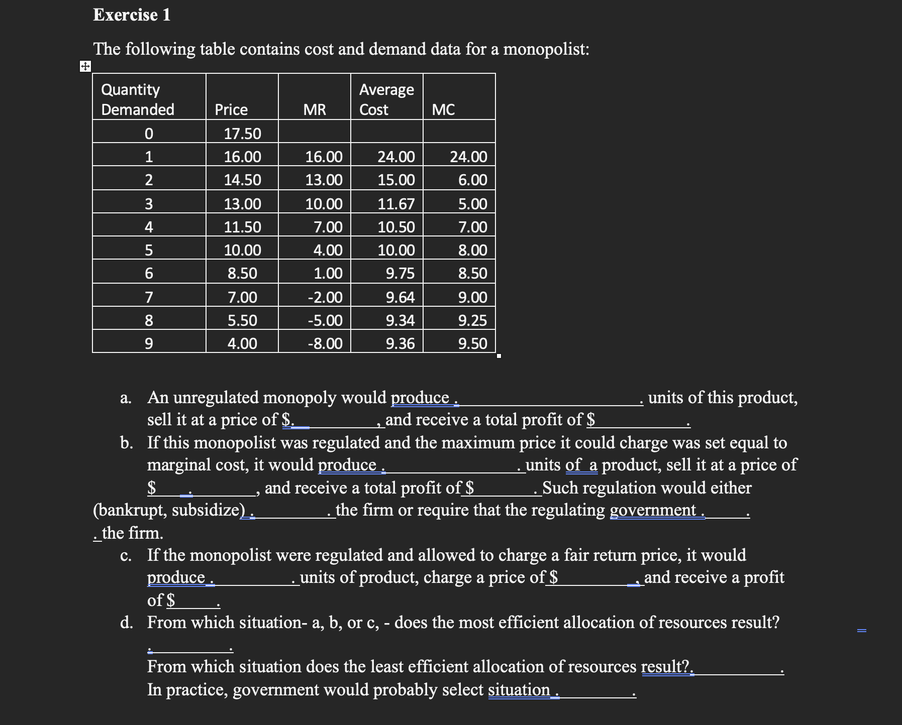 Solved Exercise 1The following table contains cost and | Chegg.com