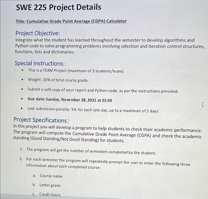 Solved SWE 225 Project Details Title: Cumulative Grade Point | Chegg.com