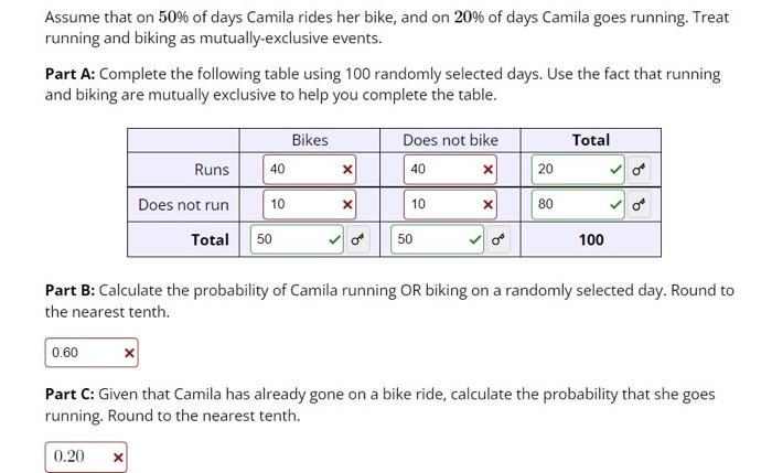 Solved Assume that on 50% of days Camila rides her bike, and | Chegg.com