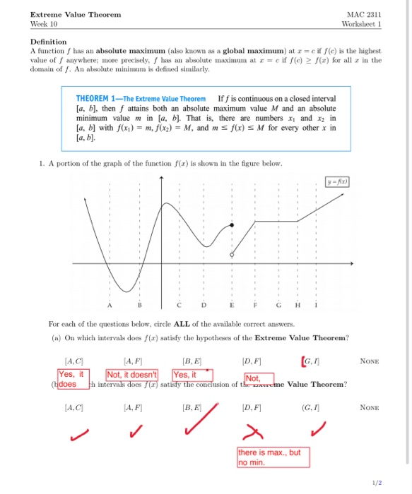Solved Extreme Value Theorem Week 10 MAC 2311 Worksheet 1 | Chegg.com