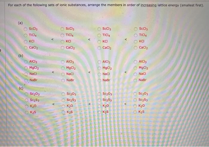 Solved For each of the following sets of ionic substances, | Chegg.com