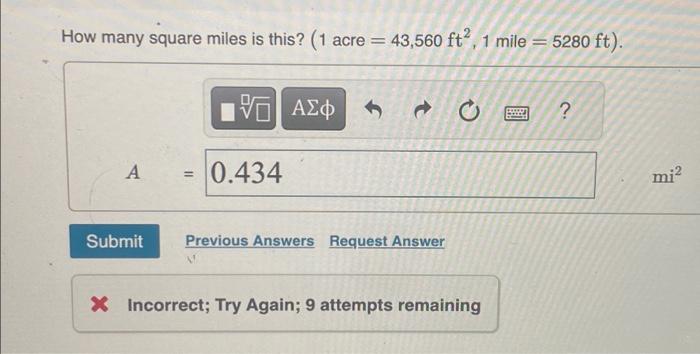 Solved How many square miles is this? (1 acre = 43,560 ft², | Chegg.com