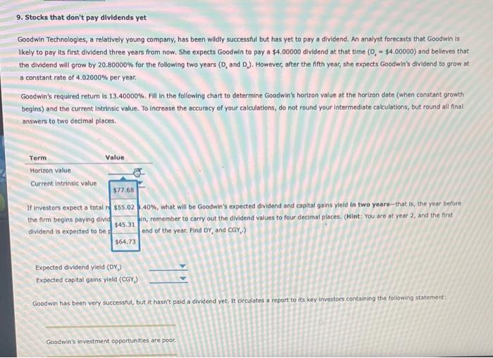 Solved 9. Stocks that don't pay dividends yet Goodwin | Chegg.com