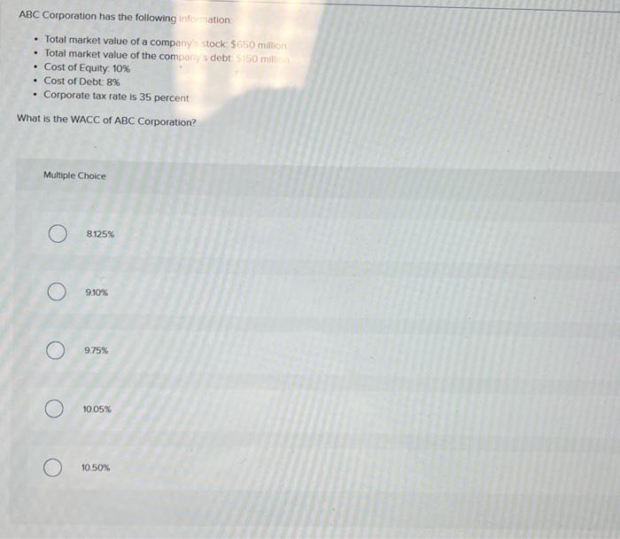 Solved ABC Corporation has the following infer iation - | Chegg.com