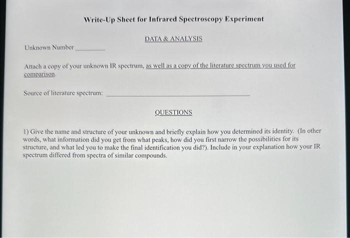 Solved Write-Up Sheet for Infrared Spectroscopy Experiment | Chegg.com