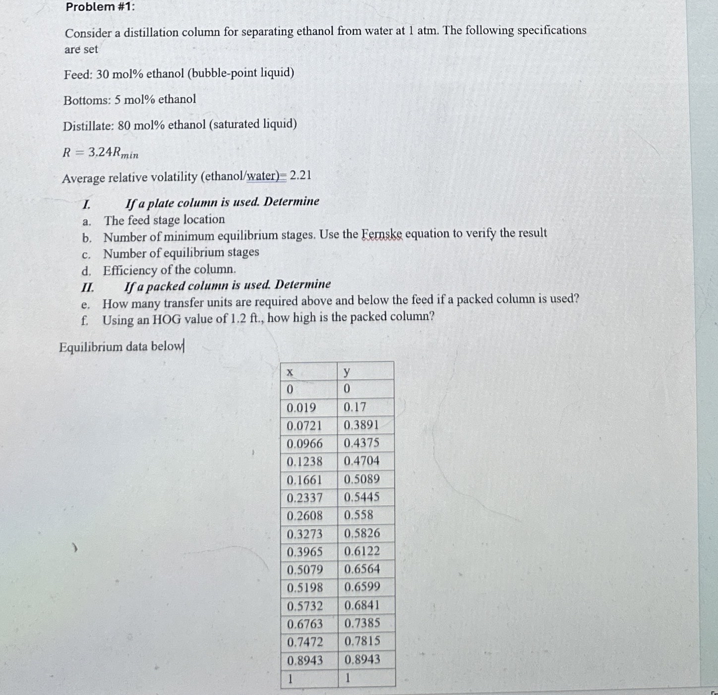 Solved Problem #1:Consider a distillation column for | Chegg.com