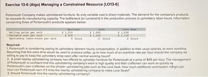 Solved Exercise 13-6 (Algo) Managing a Constrained Resource | Chegg.com