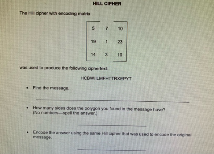 Solved HILL CIPHER The Hill cipher with encoding matrix 191 | Chegg.com
