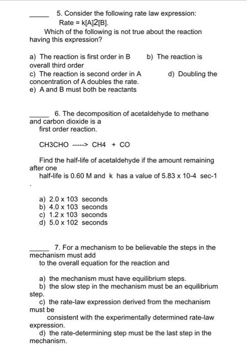 Solved 5. Consider the following rate law expression: Rate | Chegg.com