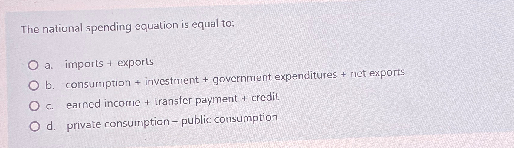 Solved The national spending equation is equal to:a. | Chegg.com