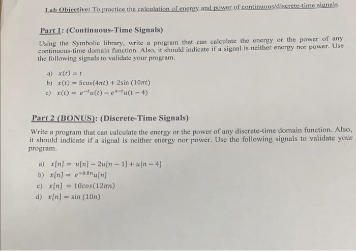 Solved Part 1: (Continuous-Time Signals) Using the Symbolic | Chegg.com