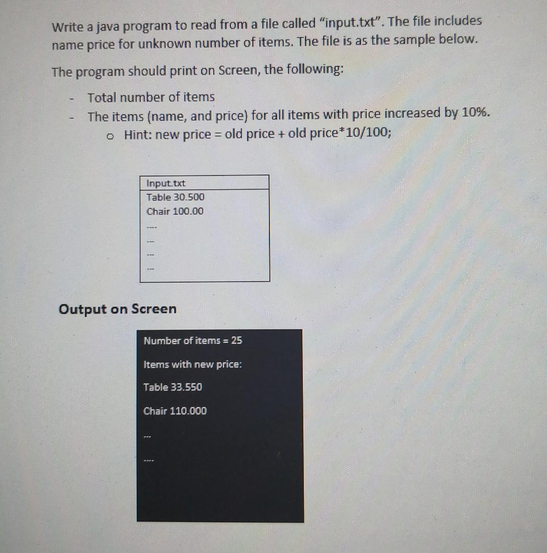 Solved Write a java program to read from a file called | Chegg.com