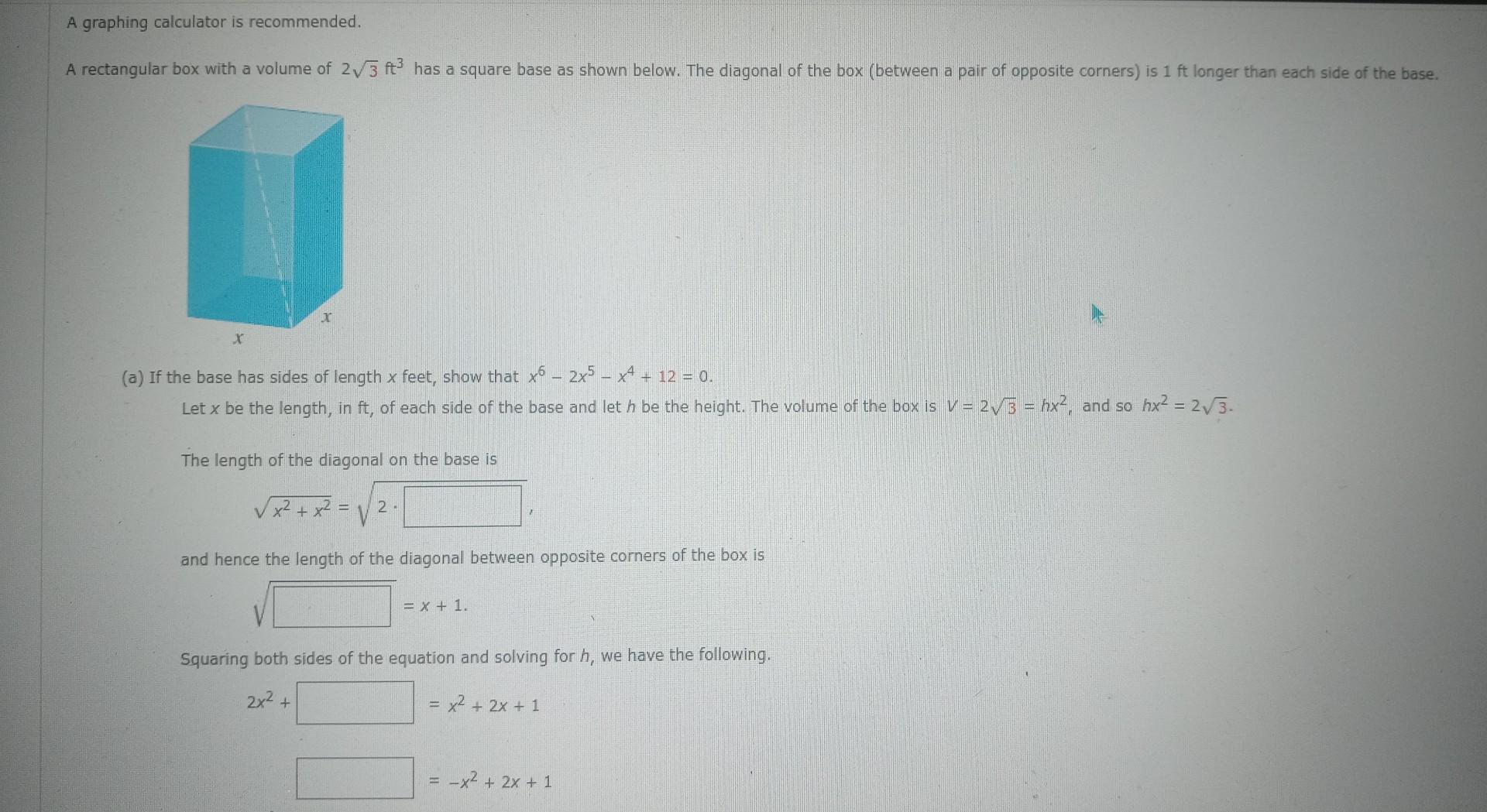 Solved ctangular box with a volume of 23ft3 has a square | Chegg.com