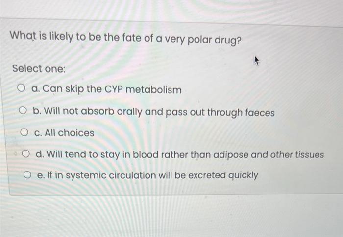 Solved What is likely to be the fate of a very polar drug? | Chegg.com