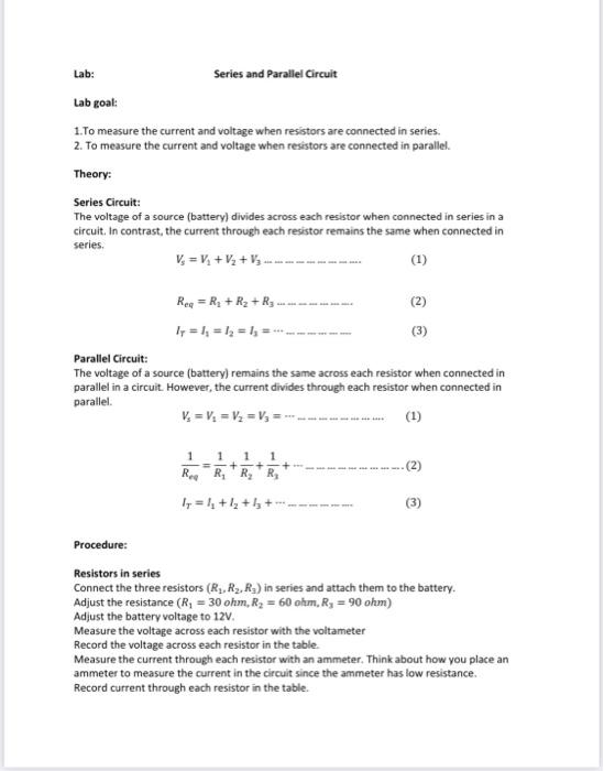 Solved Lab: Series and Parallel Circuit Lab goal: 1. To | Chegg.com