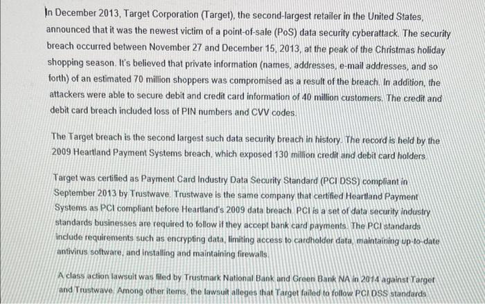 Solved Read the attached case study on the Target hacking | Chegg.com