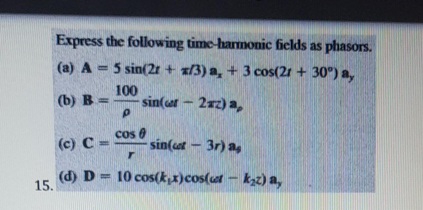 Solved Express the following time-hamonic fields as phasors. | Chegg.com