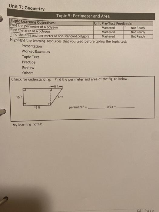Solved Unit 7: Geometry Topic 5: Perimeter and Area Topic | Chegg.com