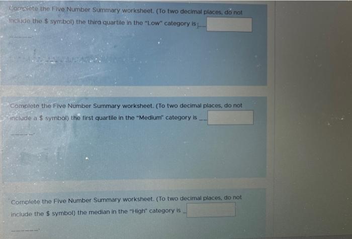 Compiete the. Five Number Summary worksheet. (To two | Chegg.com