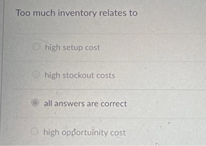 Solved Too much inventory relates to high setup cost high | Chegg.com