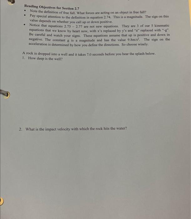 Solved Reading Objectives for Section 2.7 - Note the | Chegg.com