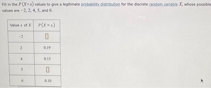Solved Fill in the P(X=x) values to give a legitimate | Chegg.com