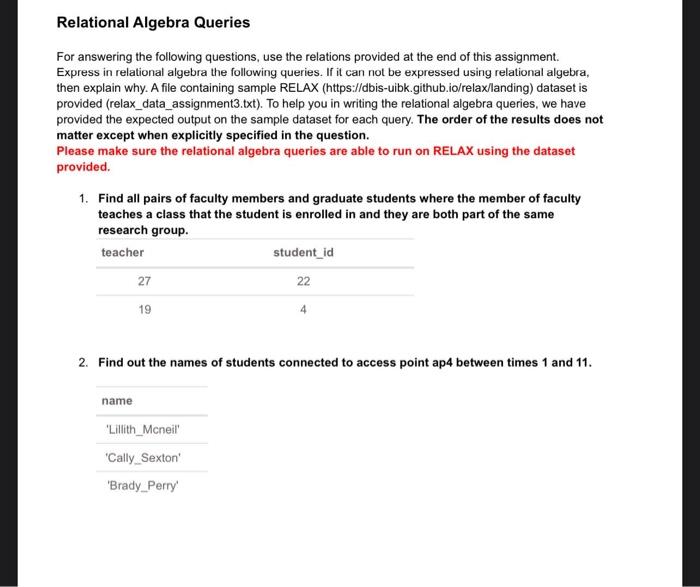 Solved Relational Algebra Queries For answering the | Chegg.com