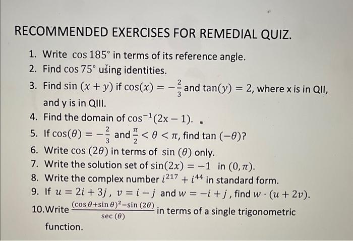 Solved RECOMMENDED EXERCISES FOR REMEDIAL QUIZ. 1. Write | Chegg.com