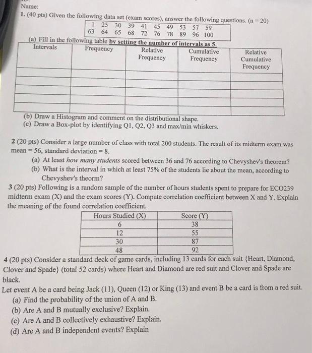 Solved Name: 1. ( 40pts ) Given the following data set (exam | Chegg.com Solved Name: 1. ( 40pts ) Given the following data set (exam | Chegg.com