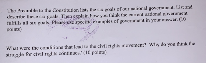 The Preamble to the Constitution lists the six goals | Chegg.com