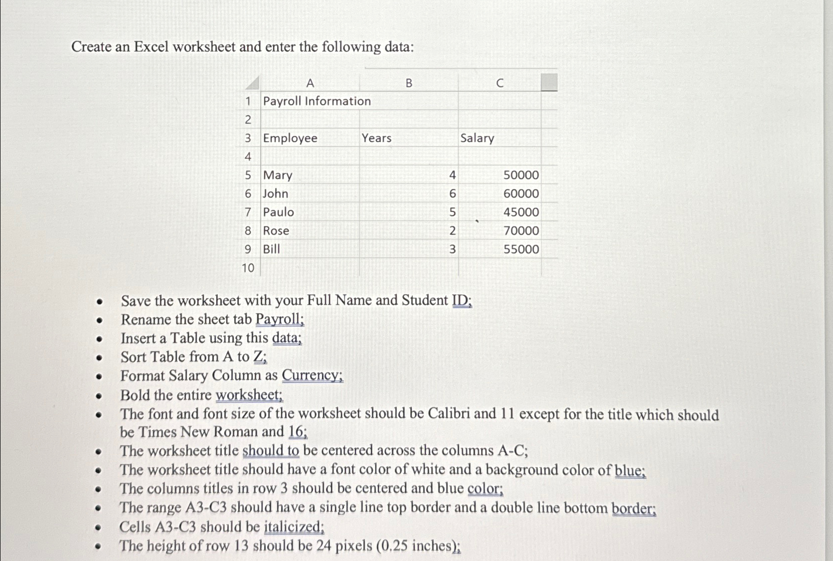 Solved Create an Excel worksheet and enter the following | Chegg.com