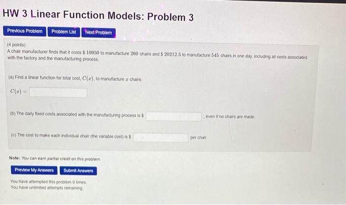 Solved HW 3 Linear Function Models: Problem 3 Previous | Chegg.com