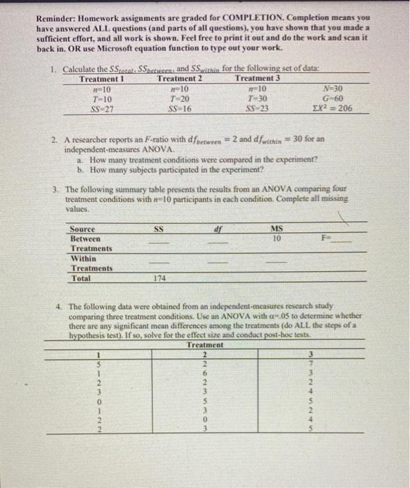 Solved 1. calculate the Ss total, SS between, and SS within | Chegg.com