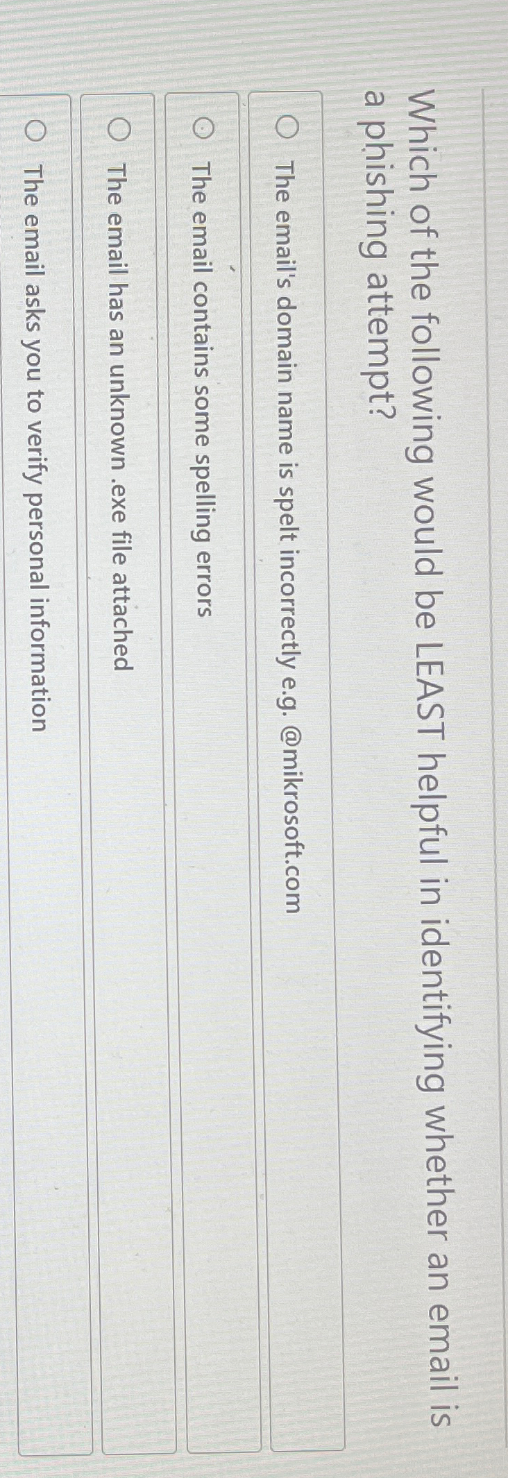 Solved Which of the following would be LEAST helpful in | Chegg.com