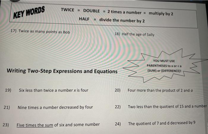 Solved KEY WORDS TWICE = DOUBLE = 2 times a number = | Chegg.com