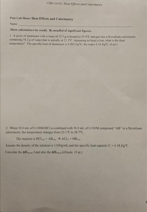 Solved Post-Lab Sheet: Hear Effects and Calorimetry Nane | Chegg.com