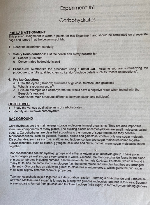 Solved Experiment #6 Carbohydrates PRE-LAB ASSIGNMENT This | Chegg.com