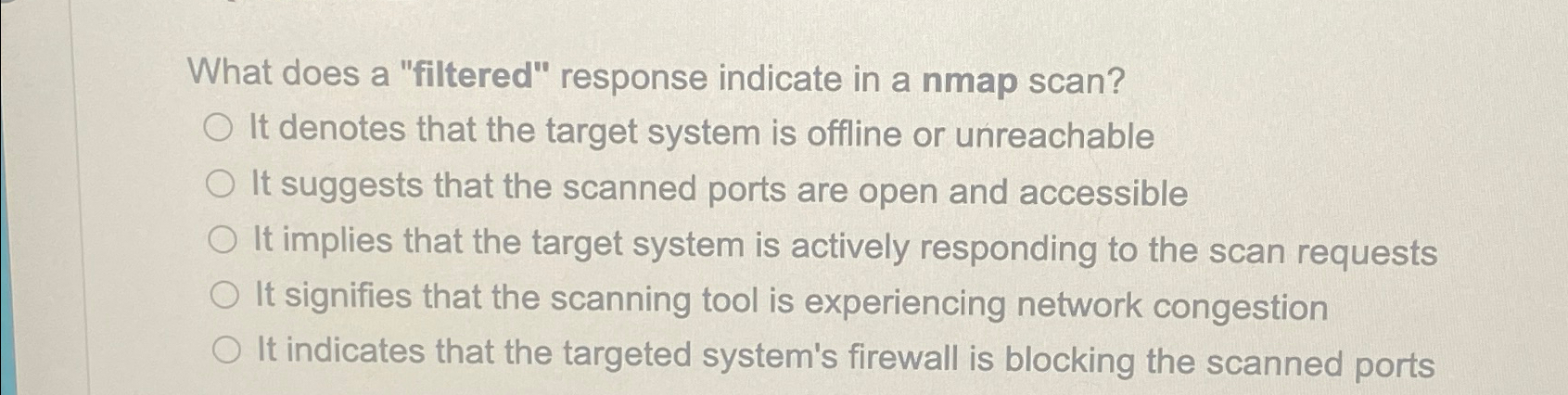 Solved What does a "filtered" response indicate in a nmap | Chegg.com