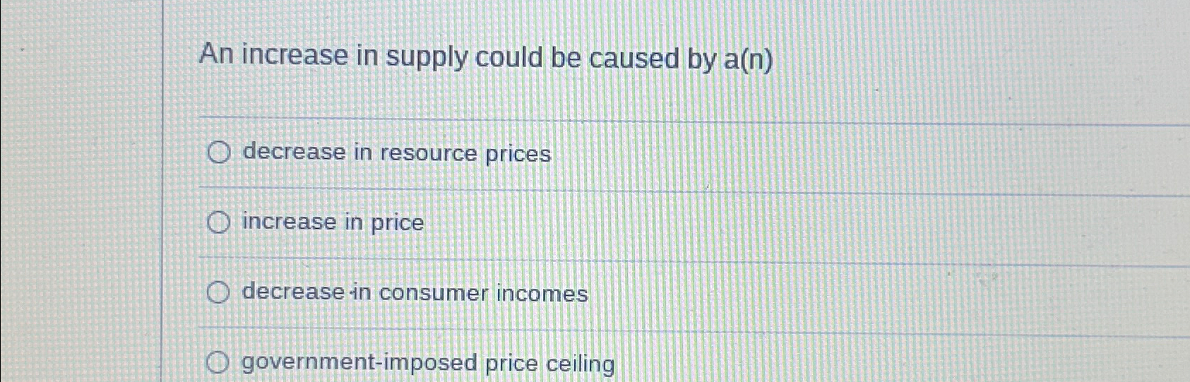 Solved An increase in supply could be caused by a(n)decrease | Chegg.com