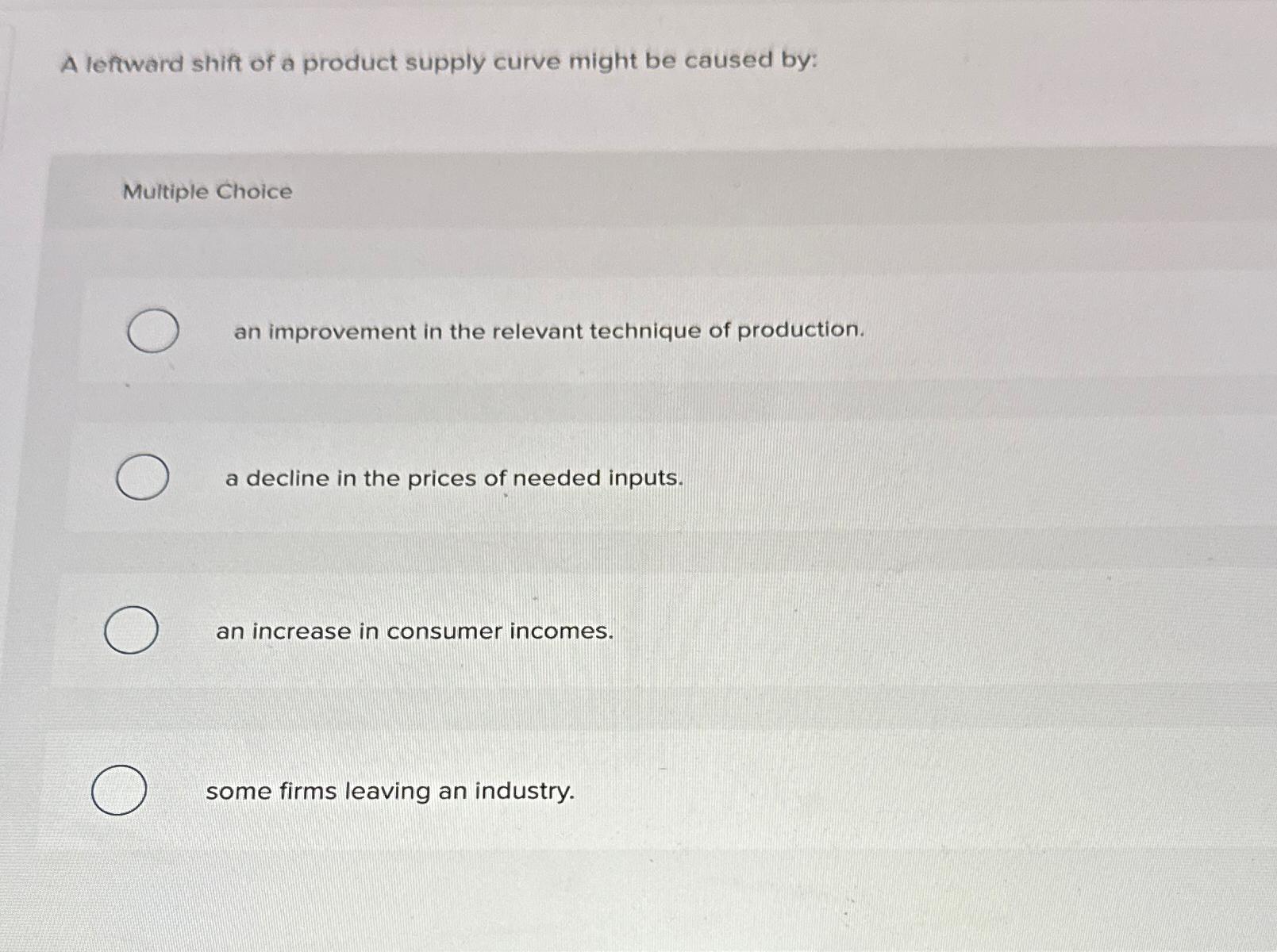Solved A leftward shift of a product supply curve might be | Chegg.com