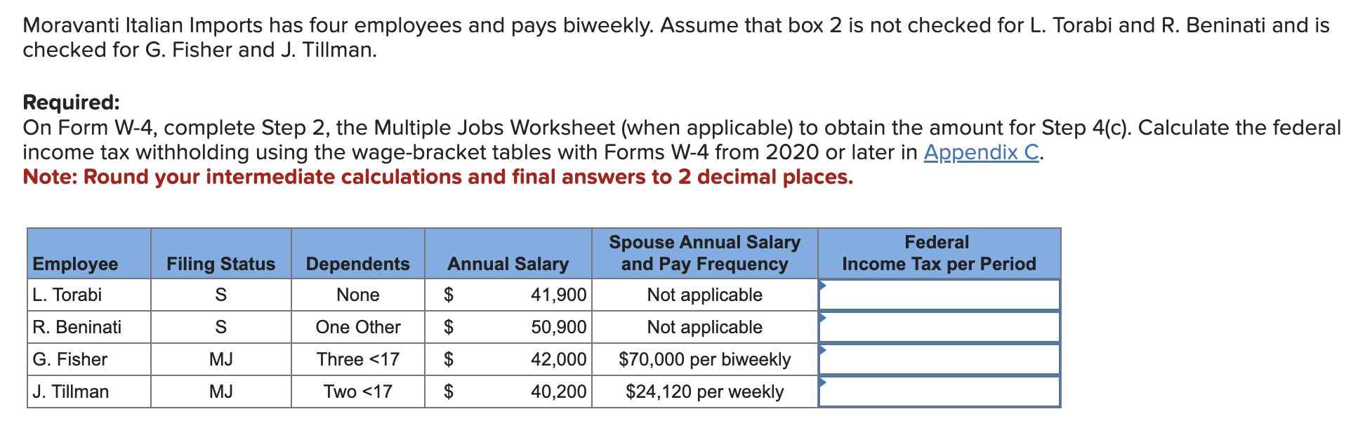 Solved Moravanti Italian Imports has four employees and pays | Chegg.com