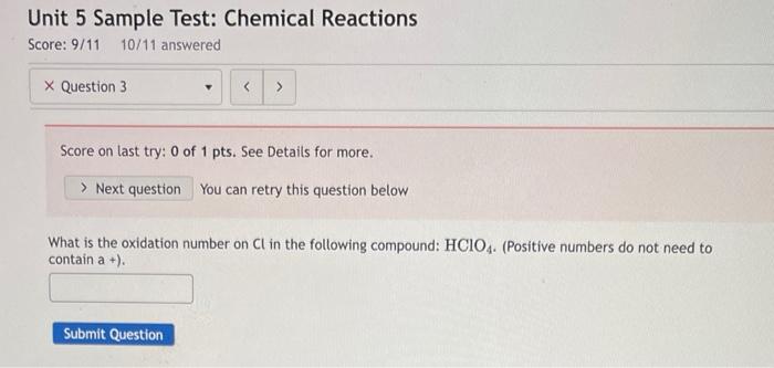 Solved Unit 5 Sample Test: Chemical Reactions Score: 9/11 | Chegg.com