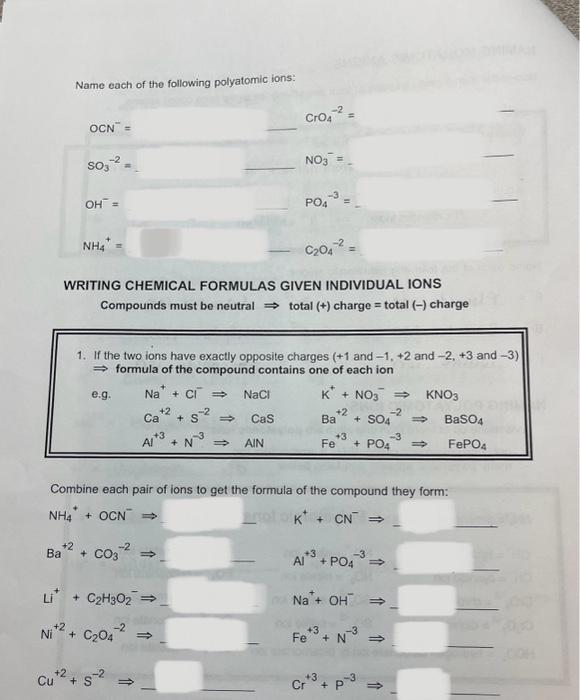 Solved CHEMICAL FORMULAS AND NAMES FROM INDIVIDUAL IONS | Chegg.com