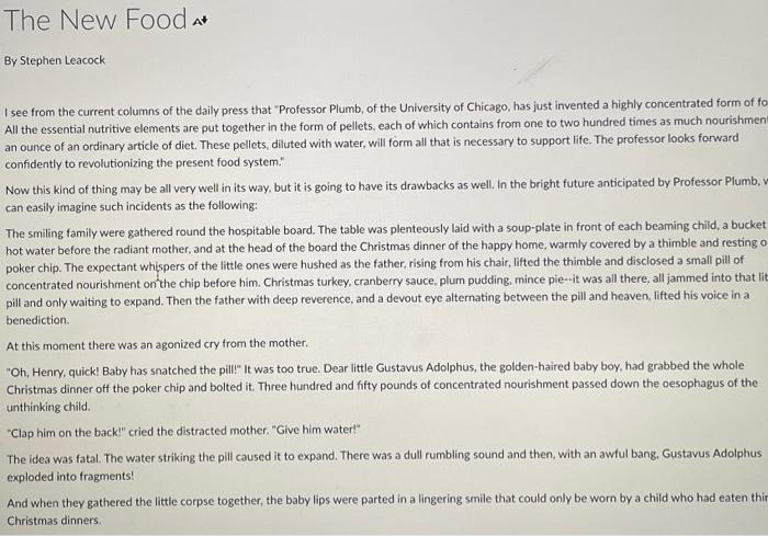 The New Food A By Stephen Leacock I see from the | Chegg.com