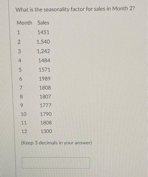 Solved What is the seasonality factor for sales in Month 2 ? | Chegg.com