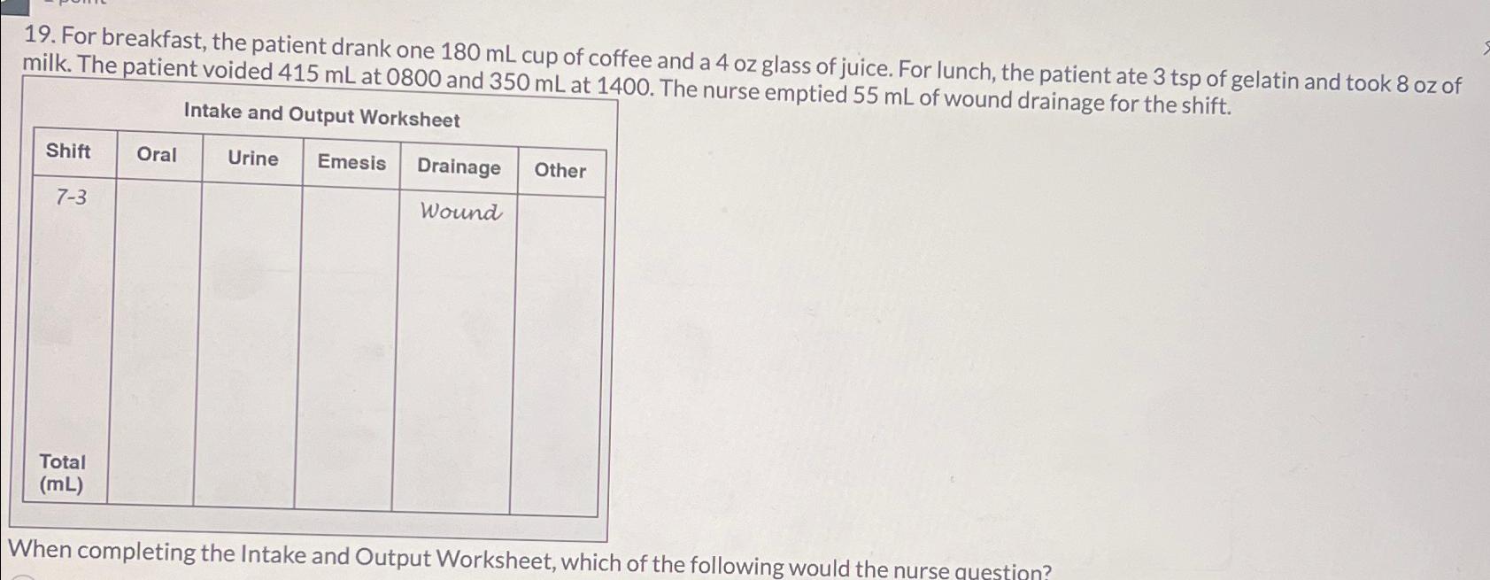 Solved For breakfast, the patient drank one 180mL ﻿cup of | Chegg.com