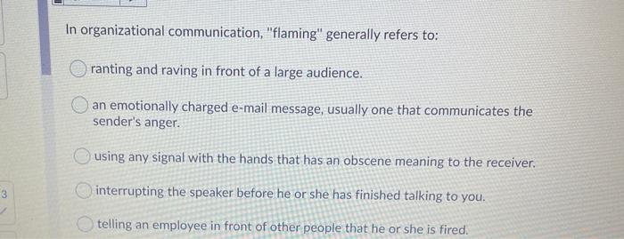 Solved In organizational communication, "flaming" generally | Chegg.com