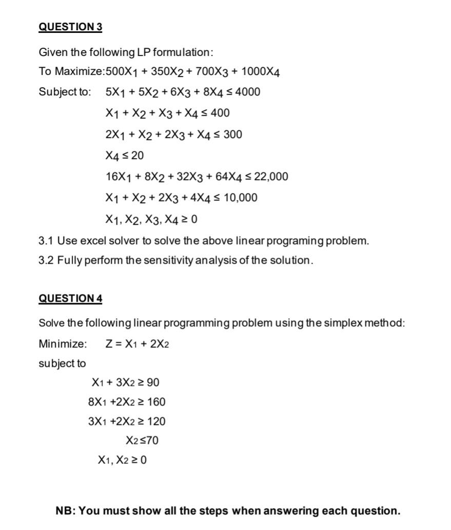 Solved Question 1 Solve The Following Linear Programming