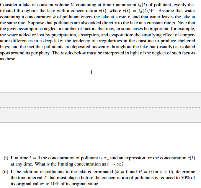 Solved Consider a lake of constant volume \( ﻿V \) | Chegg.com